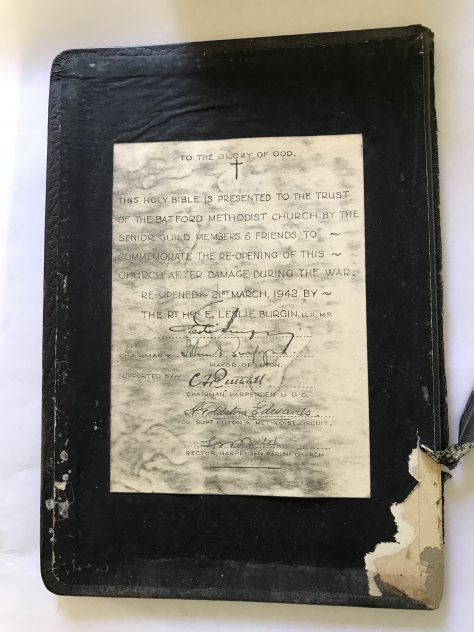 Bible presented to Batford Methodist Church on re-opening after WW2 ...
